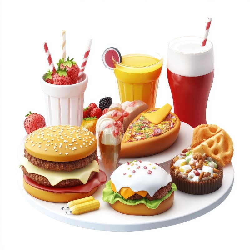 Delicious Fast Food Platter: Cheeseburgers, Pizza, Waffles, and Drinks ...