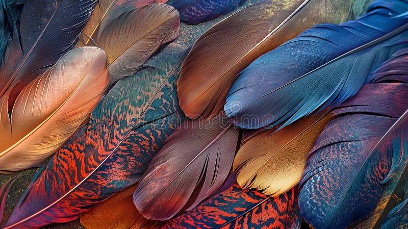 A Colorful Array of Feathers with a Mix of Red, Orange, and Blue Hues ...