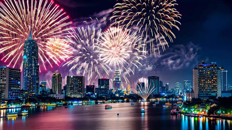 Spectacular Fireworks Display Over a Vibrant City Skyline Reflecting on ...