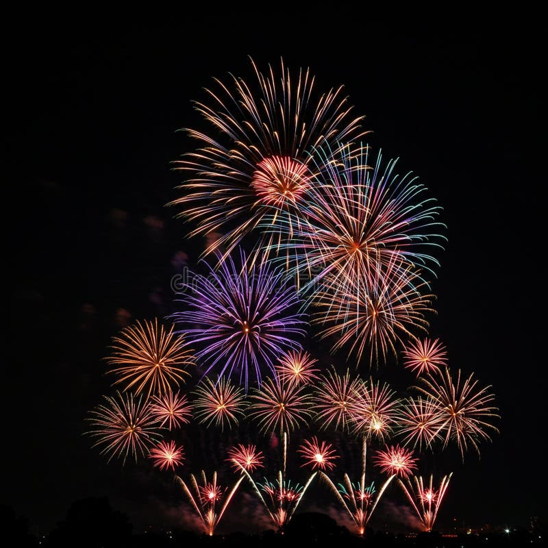 A Colorful Array of Fireworks Illuminates the Night Sky, Displaying ...
