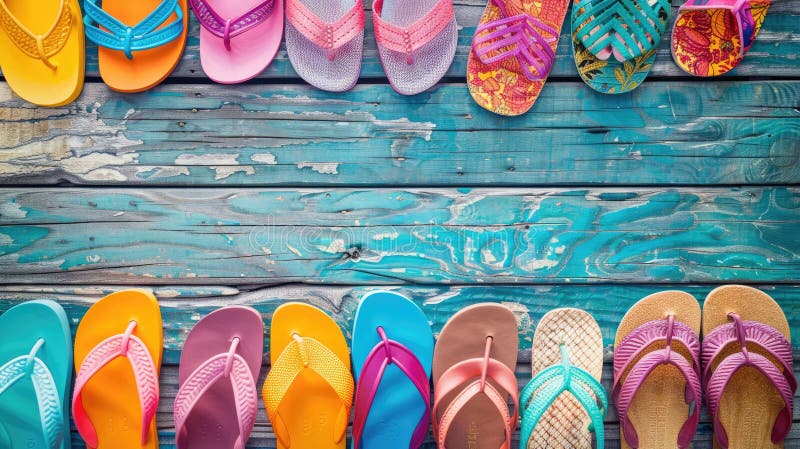 Colorful Flip Flops Arranged in a Row on a Wooden Table AIG50 Stock ...