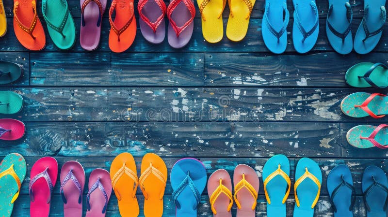 Colorful Flip Flops Arranged in a Row on a Wooden Table AIG50 Stock ...