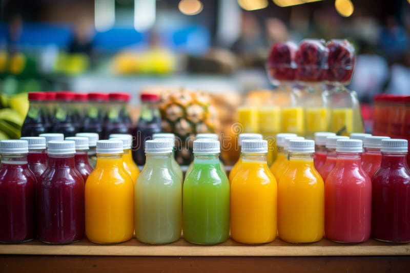 Colorful Array of Fresh Fruit Juices Bottled and Displayed at a Local ...