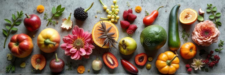 Colorful Array of Fresh Fruits and Vegetables with Flowers on Rustic ...