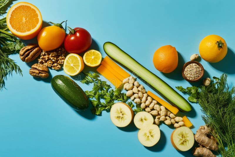 Colorful Array Fresh Fruits Vegetables Nuts Blue Background Stock ...