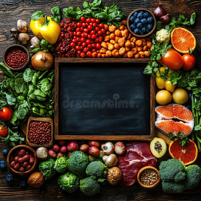 Colorful Array of Fresh Produce and Protein Sources Arranged Around a ...