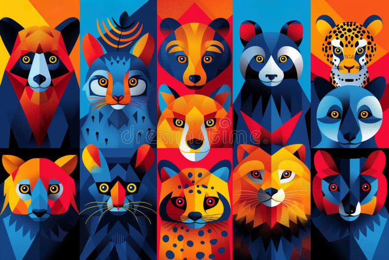 Colorful Array of Geometrically Patterned Jungle Animals on a Blue ...