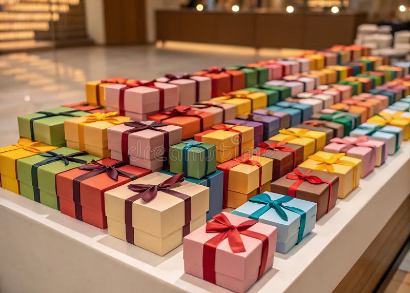 Colorful Array of Gift Boxes with Ribbons in Diverse Sizes on Display ...