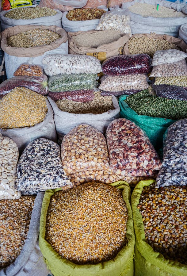 A Colorful Array of Grains and Seeds at St. Peter Market in Cusco Stock ...