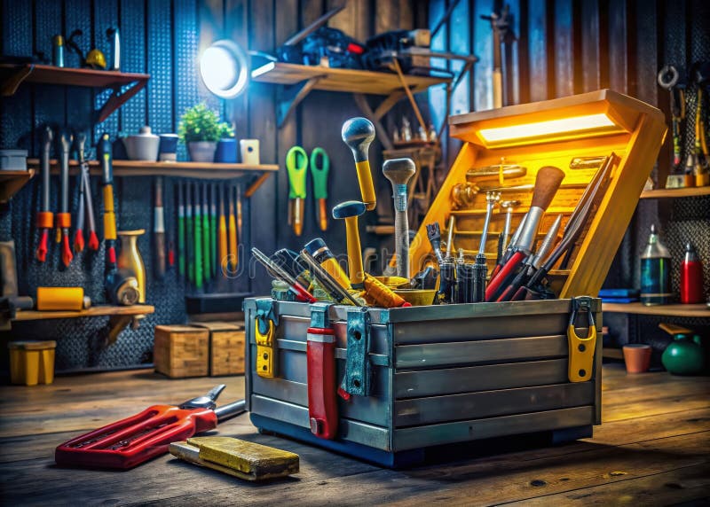 A Colorful Array of Hand Tools and Toolboxes on a Workshop Bench a ...