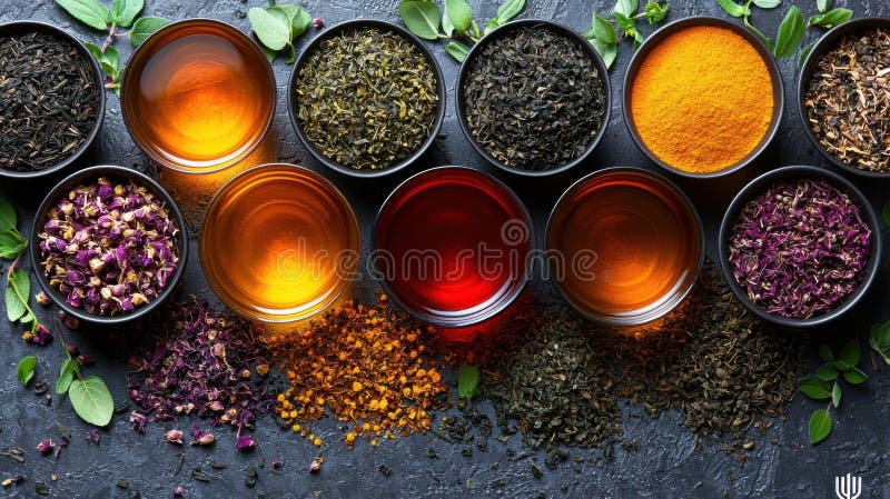 Colorful Array of Herbal Teas in Bowls with Dried Herbs and Spices on ...
