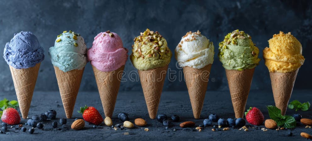 The Colorful Array of Ice Cream Cones with Assorted Flavors and ...