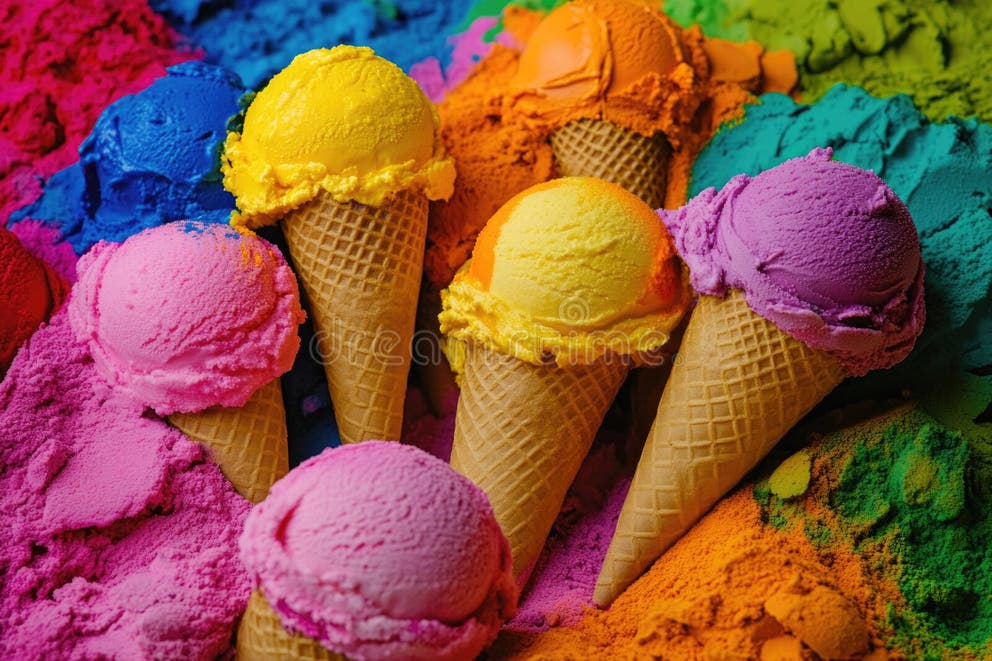 Colorful Array of Ice Cream Cones with Different Flavors and Colors ...