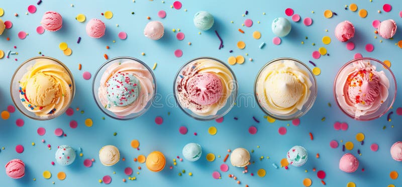 A Colorful Array of Ice Cream in Glass Bowls, Arranged on the Right ...