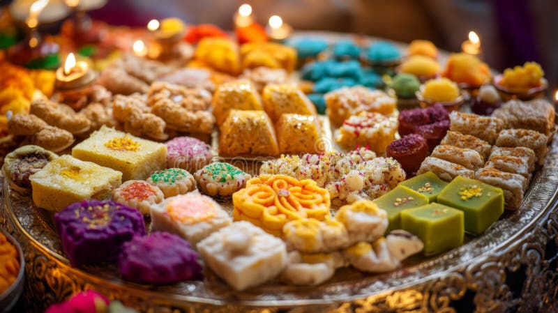 A Colorful Array of Indian Sweets on a Golden Platter Stock ...
