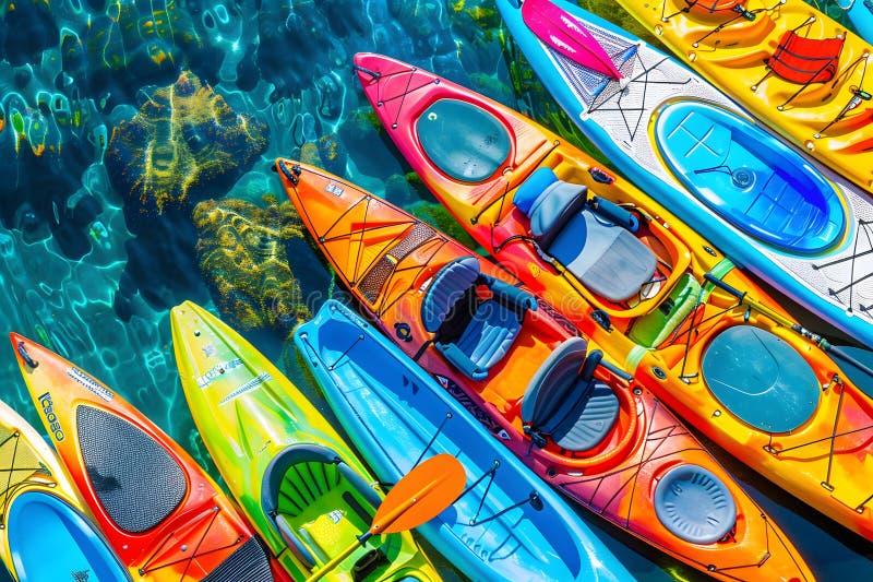 Colorful Array of Kayaks and Paddle Boards Floating on Clear Blue-Green ...