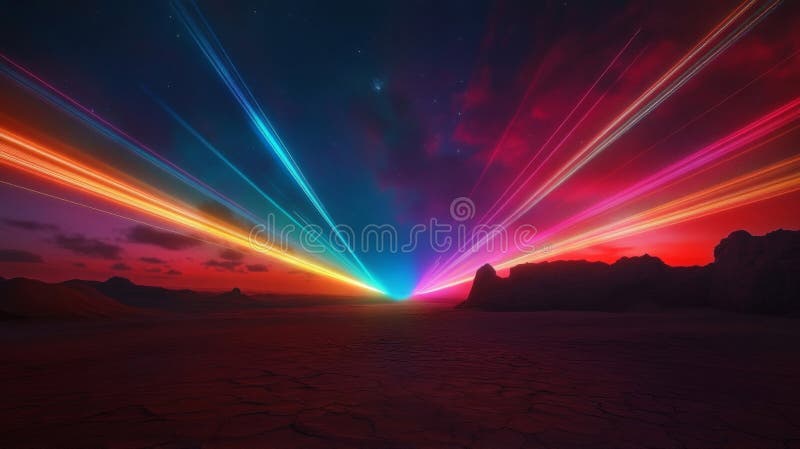A Colorful Array of Light Beams Converging in a Desolate Landscape ...
