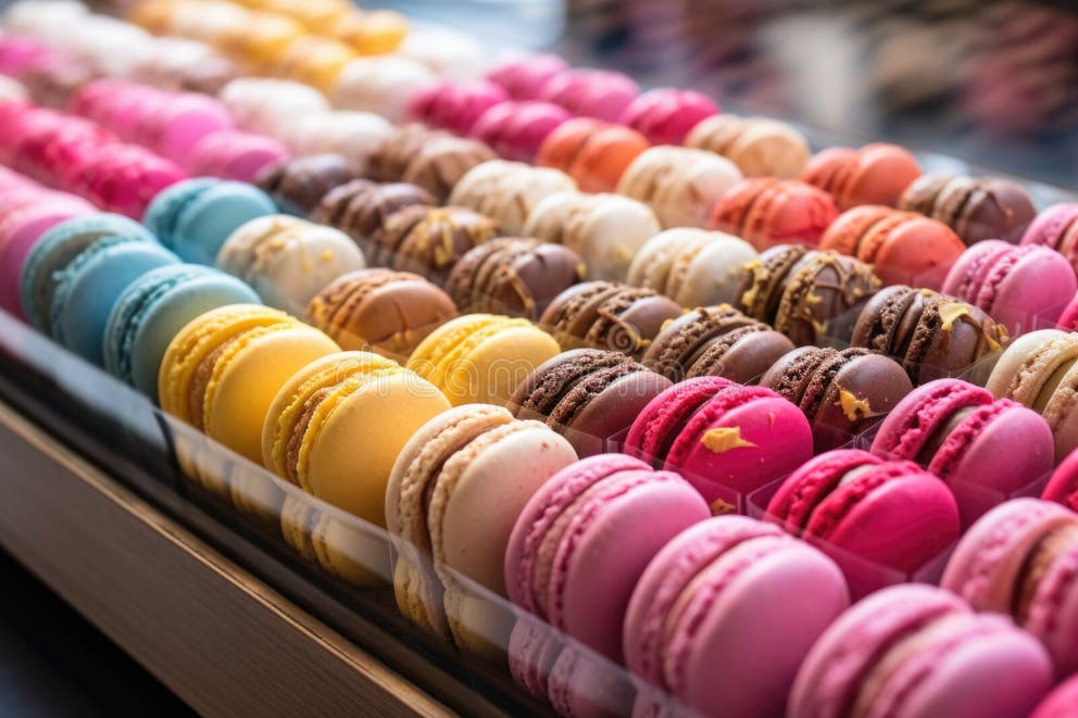 A Colorful Array of Macarons Displayed in a Bakery Case Stock Photo ...