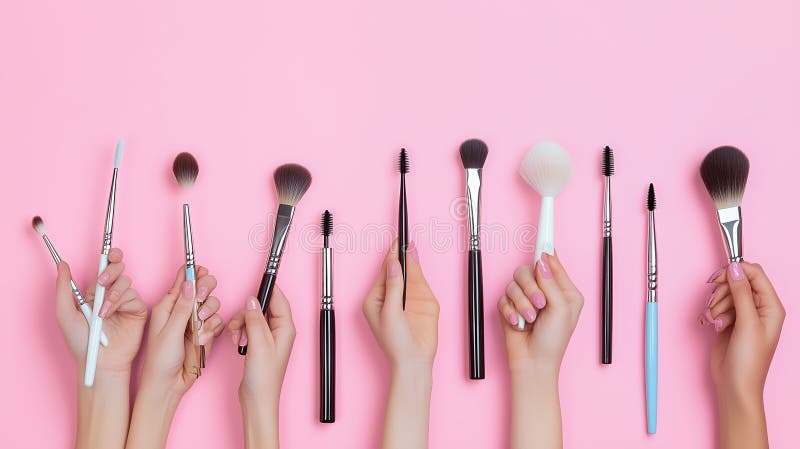 A Colorful Array of Makeup Brushes Held by Multiple Hands Against a ...
