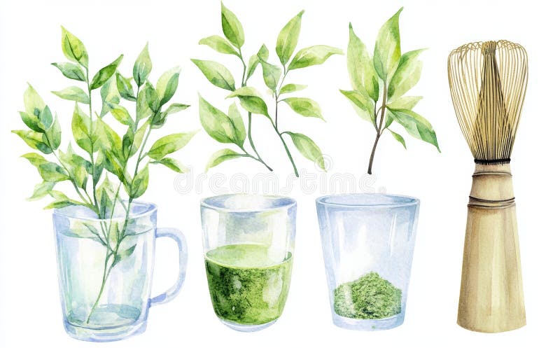 A Colorful Array of Matcha Tea Preparations, Including a Whisk, Leaves ...