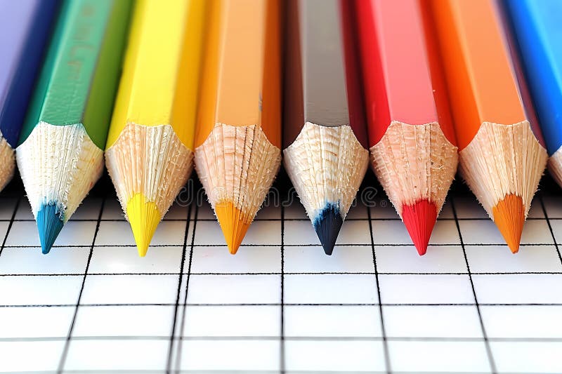 A Vibrant Row of Colored Pencils on White Grid Paper Evokes Creativity ...