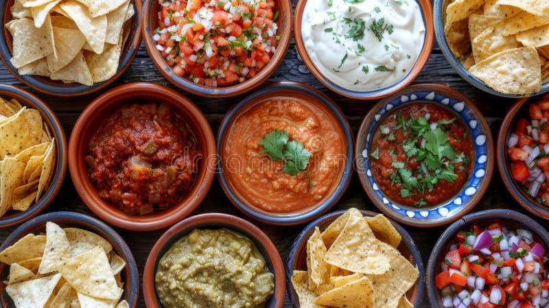 Colorful Array of Mexican Dips with Crispy Tortilla Chips, Perfect for ...