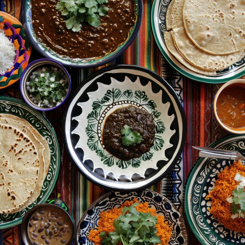 A Colorful Array of Mexican Dishes Served on Patterned Plates Stock ...