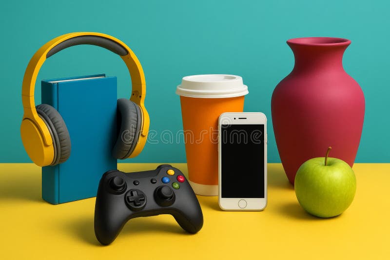 A Colorful Array of Modern Everyday Objects on a Yellow Surface ...
