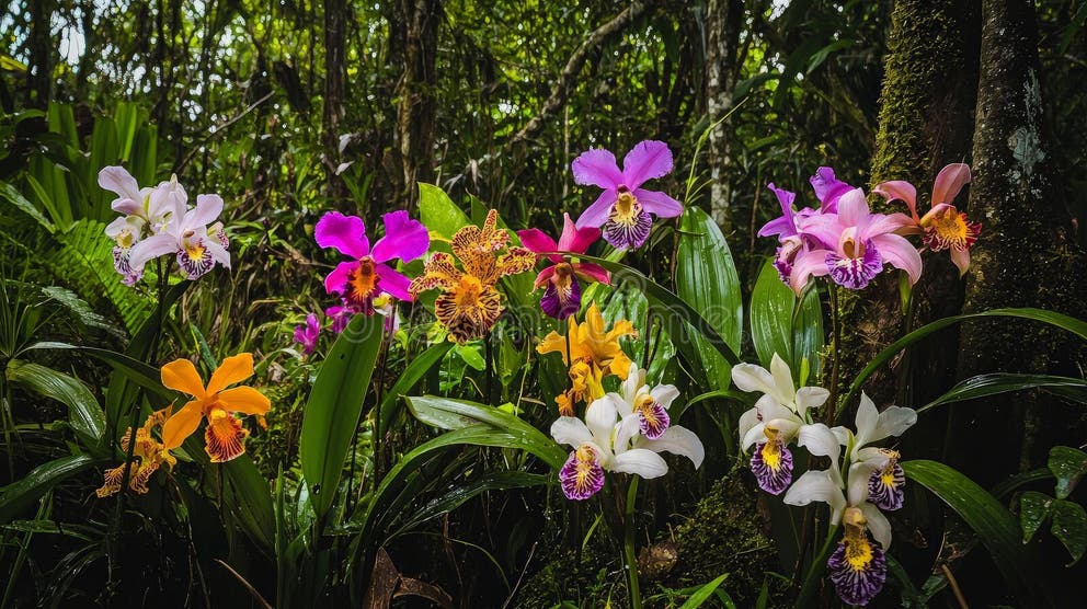 A Colorful Array of Orchids Bloom in a Lush, Green Rainforest Setting ...