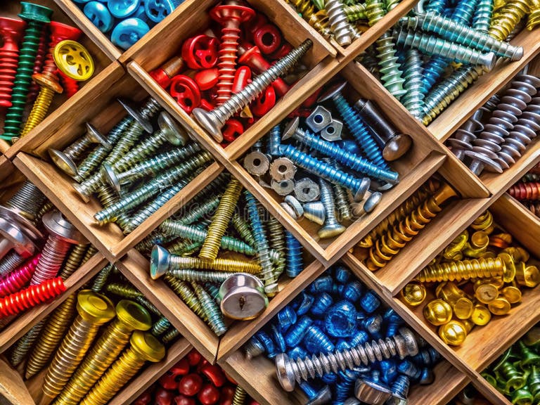 A Colorful Array of Organized Screws and Fasteners in Wooden Storage ...
