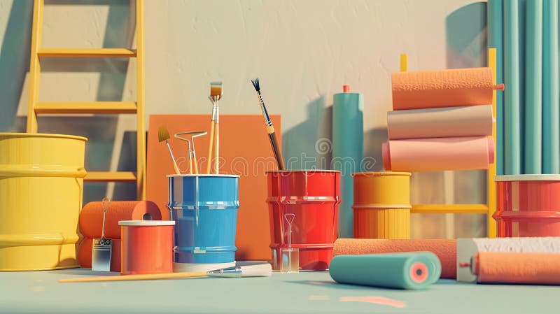 A Colorful Array of Painting Tools, Including Paint Rollers, Brushes ...