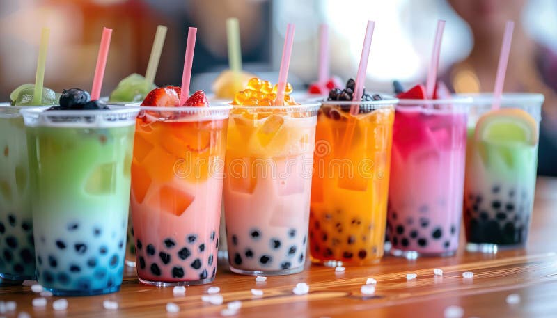 A Colorful Array of Refreshing Bubble Tea Drinks with Various Flavors ...