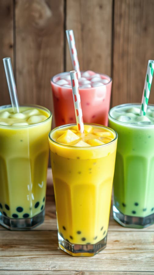 Colorful Array of Refreshing Bubble Tea Drinks on a Wooden Table during ...