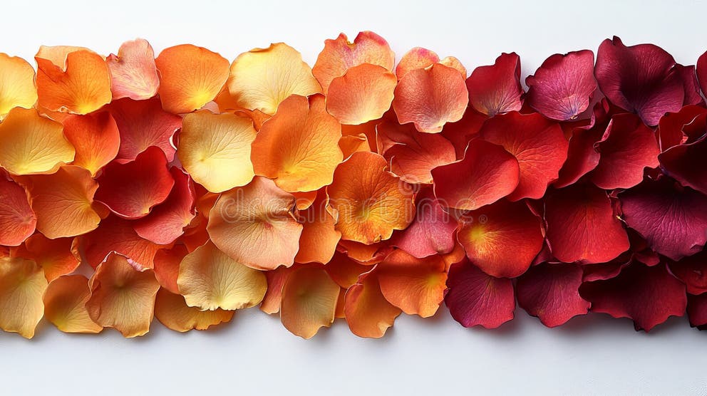 Colorful Array of Rose Petals Arranged in a Gradient Display on a White ...