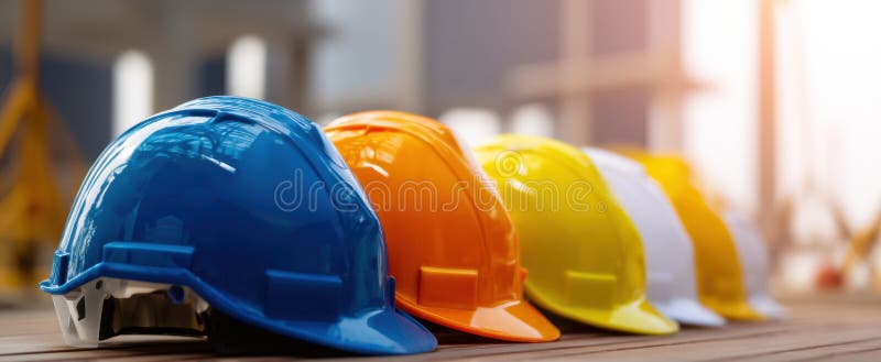 The Colorful Array of Safety Helmets at a Busy Construction Site..AI ...