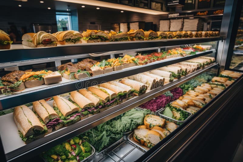 Colorful Array of Sandwiches and Wraps on Display in Deli Case Stock ... Colorful Array of Sandwiches and Wraps on Display in Deli Case Stock ...