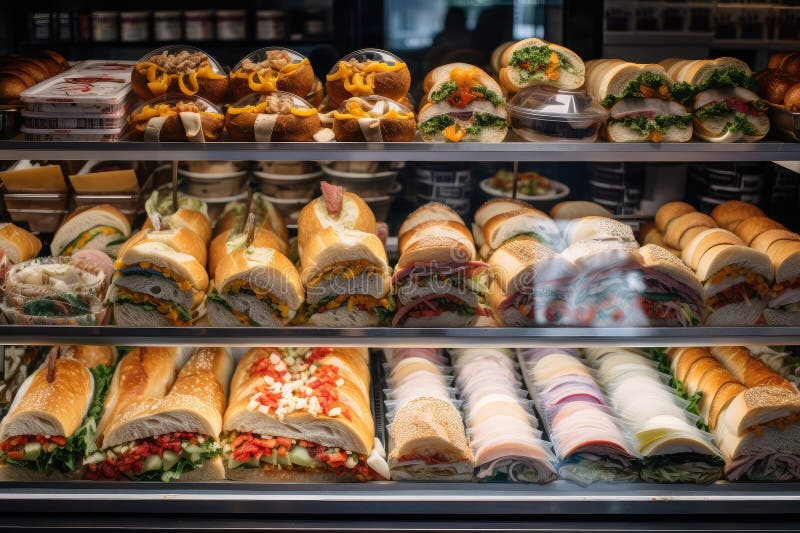 Colorful Array of Sandwiches and Wraps on Display in Deli Case Stock ...