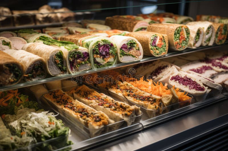Colorful Array of Sandwiches and Wraps on Display in Deli Case Stock ...