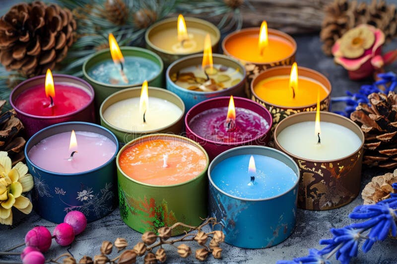 Colorful Array of Scented Candles with Festive Decorations Stock ...