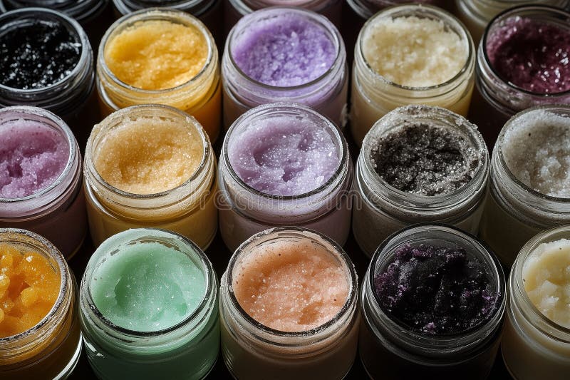 Colorful Array of Scented Scrubs in Jars Displayed on a Dark Surface ...