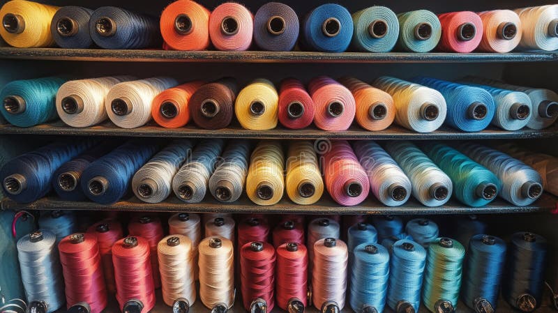 A Colorful Array of Sewing Threads Displayed Neatly on Wooden Shelves ...