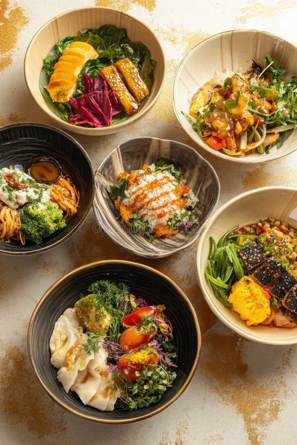 Colorful Array of Six Asian Fusion Dishes in Bowls Stock Illustration ...