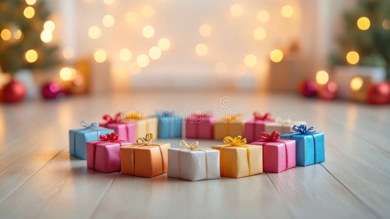 A Colorful Array of Small Boxes are Arranged in a Circle on a Wooden ...