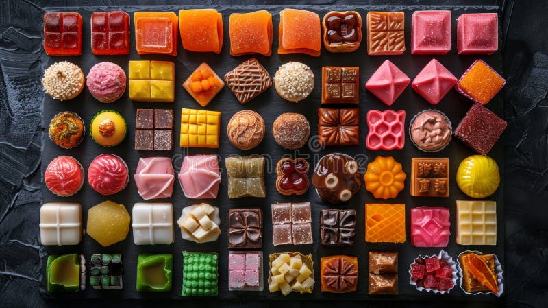 A Colorful Array of Small, Square Candies Arranged in Rows on a Black ...
