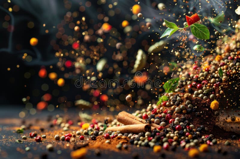 Colorful Array of Spices and Seasonings Floating in the Air on Dark ...
