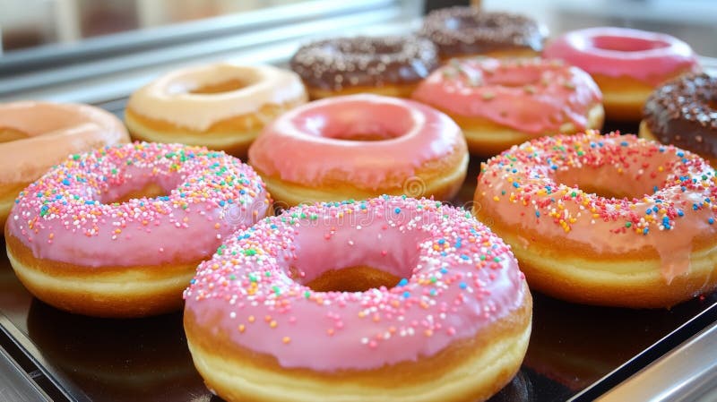 A Colorful Array of Sprinkled Donuts in a Bakery Display Case Stock ...
