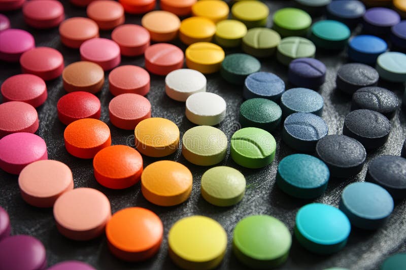 Colorful Array of Tablets Arranged in a Rainbow Pattern on a Black ...