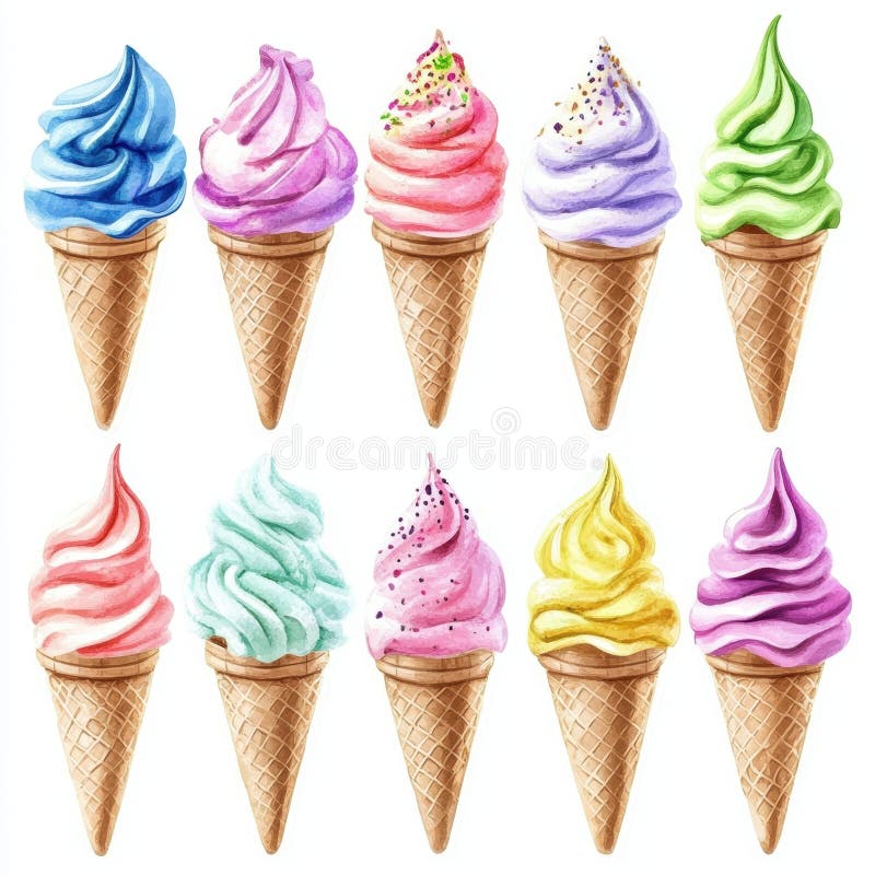 Colorful Array of Ten Ice Cream Cones with Various Flavors Stock ...
