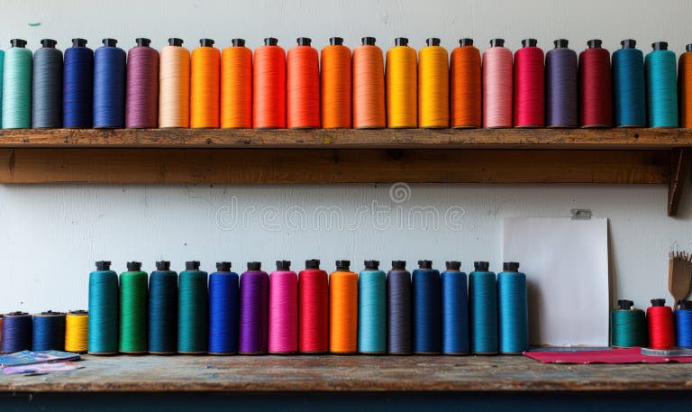 A Colorful Array of Thread Spools Lines Rustic Shelves, Displaying a ...