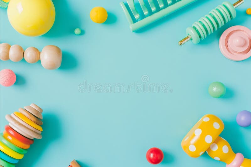 A Colorful Array of Toys on a Blue Background Stock Image - Image of ...